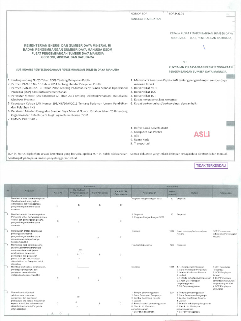 SOP.plg.01 Penyiapan Pelaksanaan Penyelenggaraan Pengembangan SDM | PDF