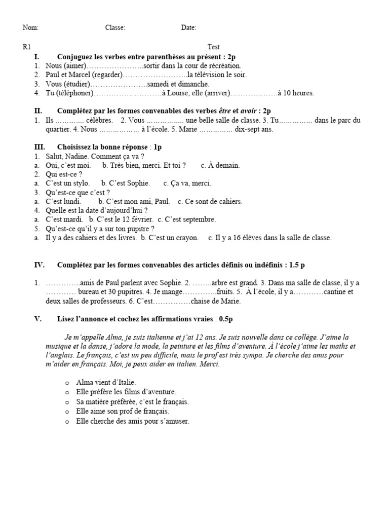 Test de français : Conjugaison et vocabulaire | PDF