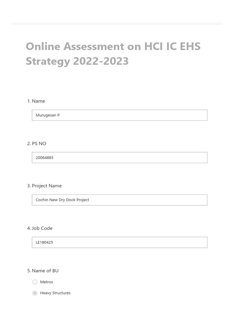 Online Assessment On HCI IC EHS Strategy 2022-2023 | PDF