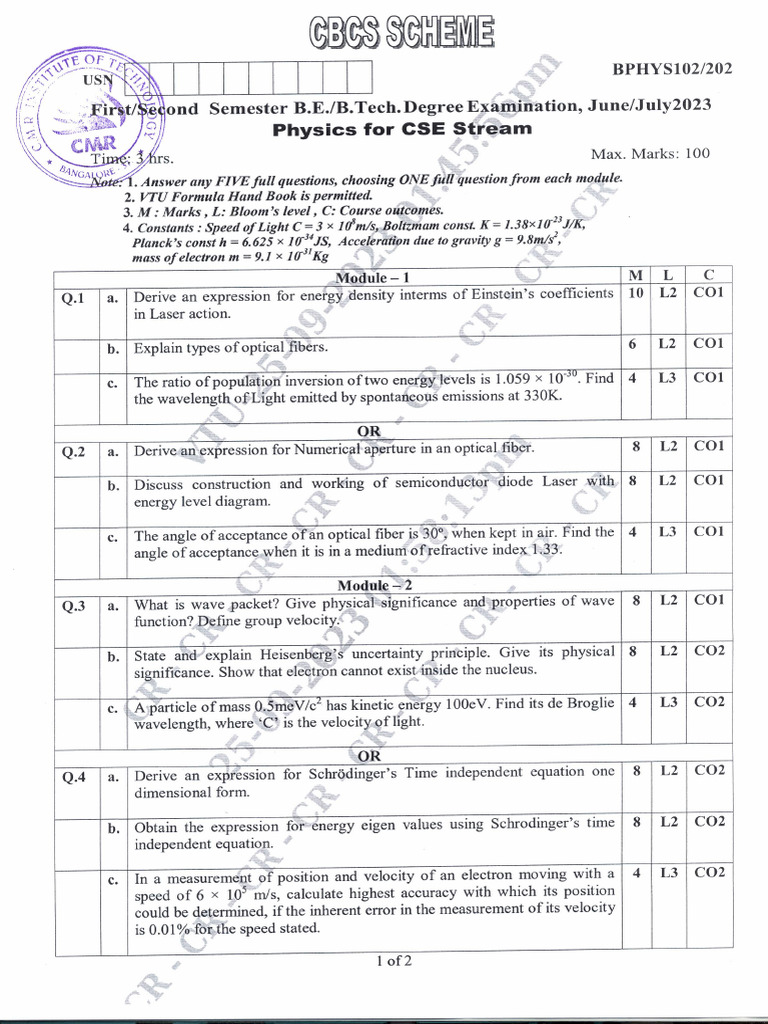 VTU Question Paper of BPHYS102 - BPHYS202 Applied Physics For CSE ... VTU Question Paper of BPHYS102 - BPHYS202 Applied Physics For CSE ...
