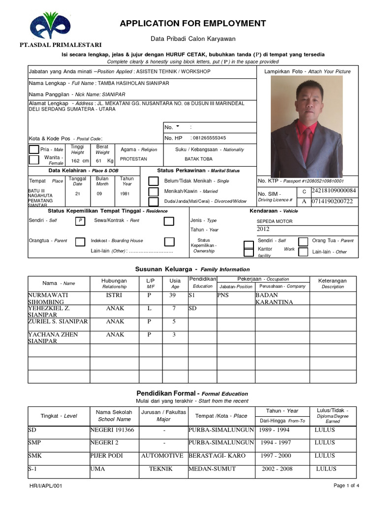 Application Form PT. APL | PDF