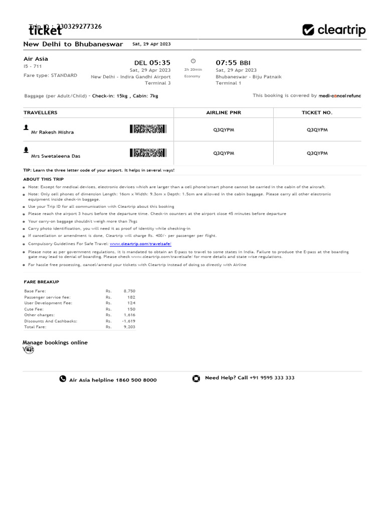 Cleartrip Flight Domestic E-Ticket | PDF | Transport | Aviation