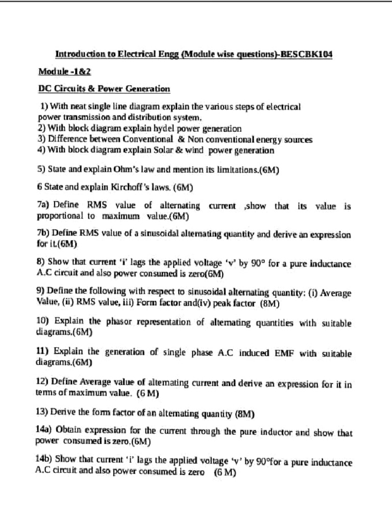 Introduction To Electrical Engineering Module Wise Question Bank | PDF ...
