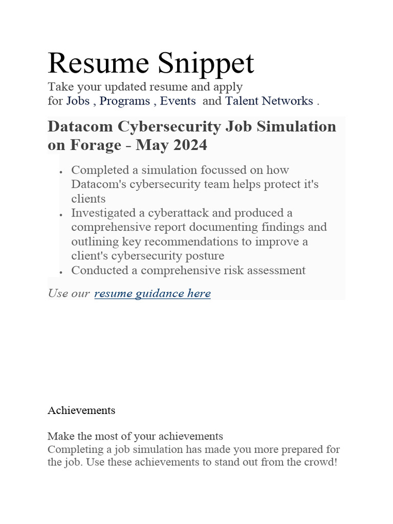 Resume Snippet: Datacom Cybersecurity Job Simulation On Forage - May 2024 | PDF | Recruitment ...