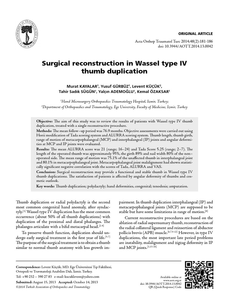 Surgical Reconstruction in Wassel Type IV Thumb Duplication | PDF ...