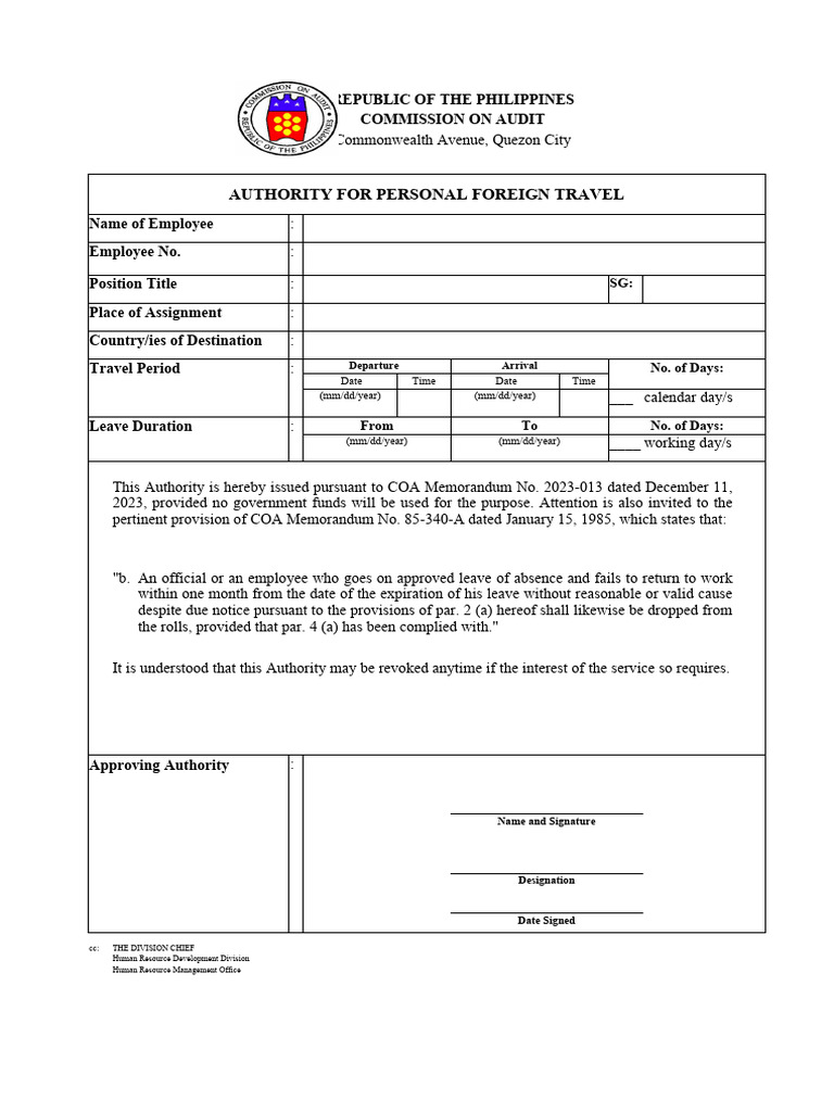 Authority for Personal Foreign Travel Form | PDF