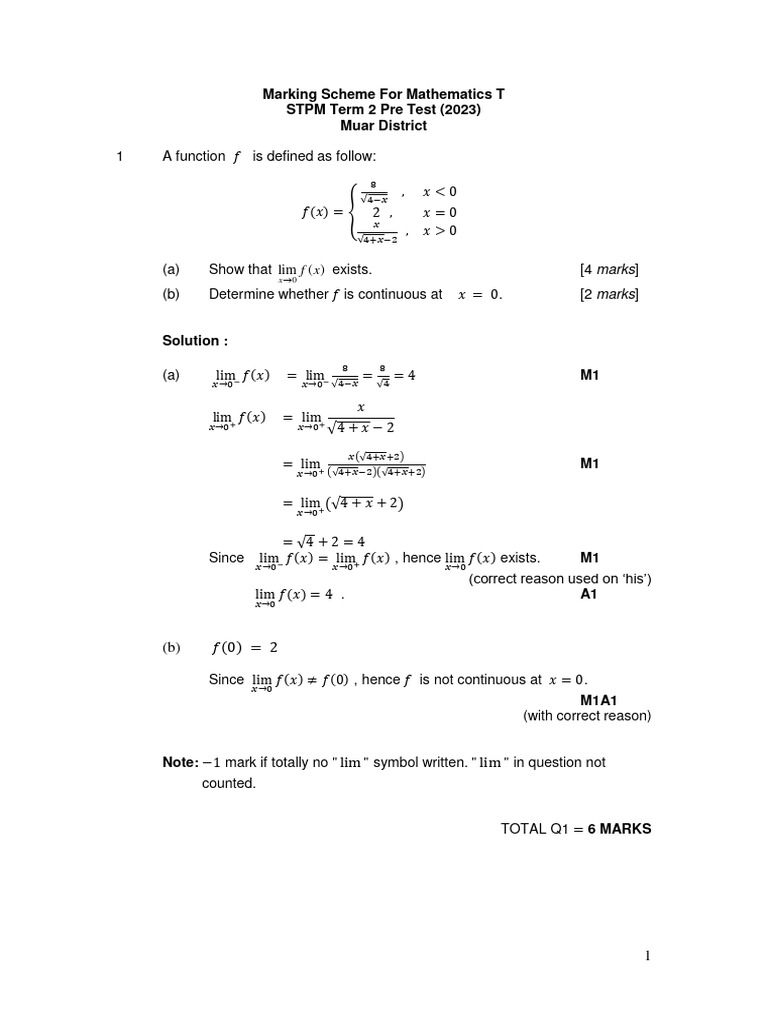 Mathematics Marking Scheme STPM 2023 | PDF | Equations | Calculus