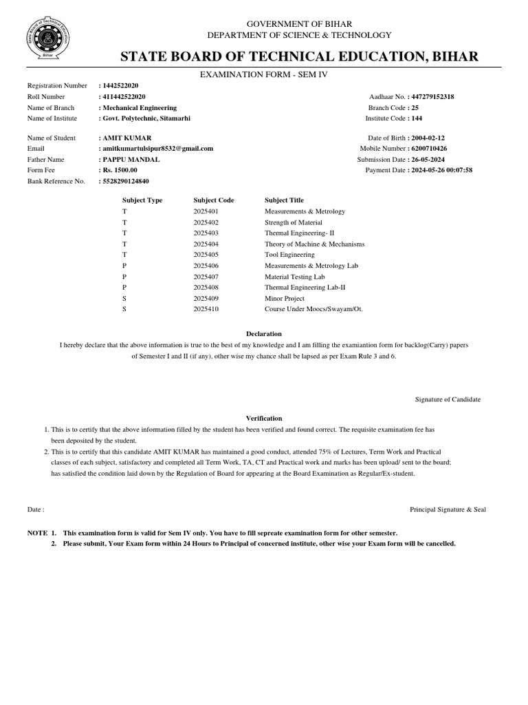 Bihar Sem IV Exam Form for Mechanical Engineering | PDF