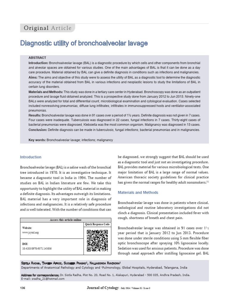 Diagnostic Utility of Bronchoalveolar Lavage | PDF | Pneumonia ...