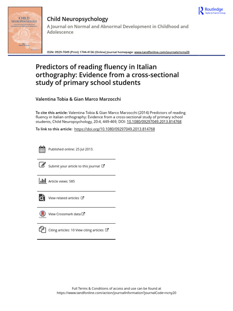 Predictors of Reading Fluency in Italian Orthography Evidence From A Cross-Sectional Study of ...