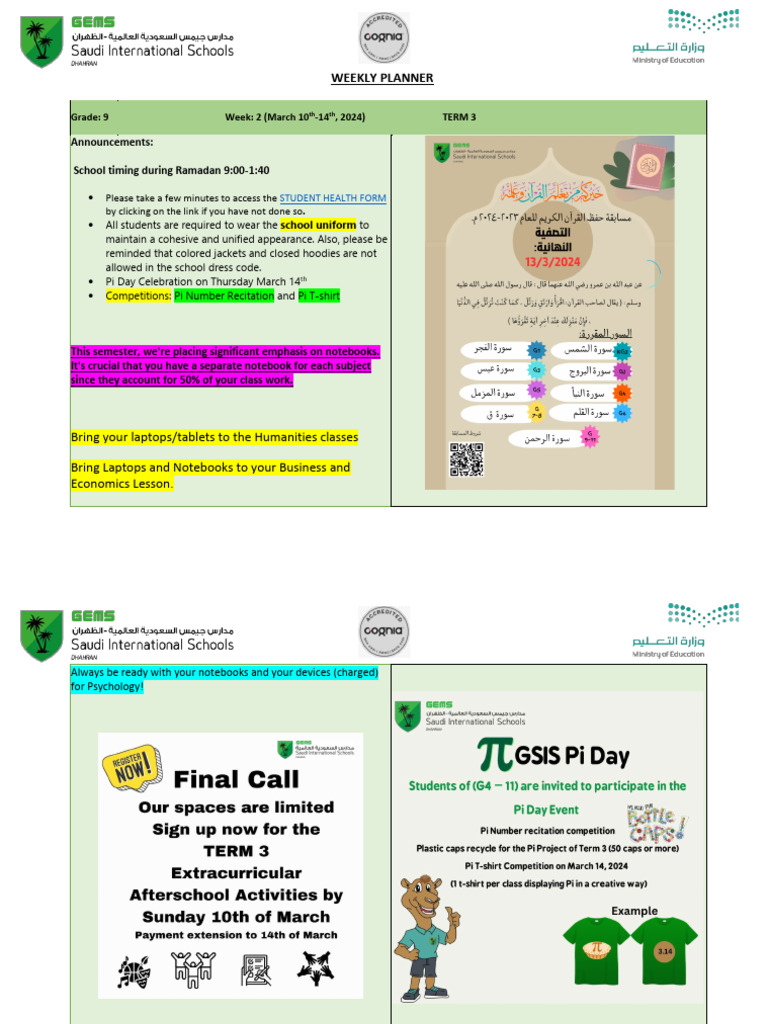 Grade (9) Weekly Planner - Term 3 - Week 2 | PDF | Quadratic Equation ...