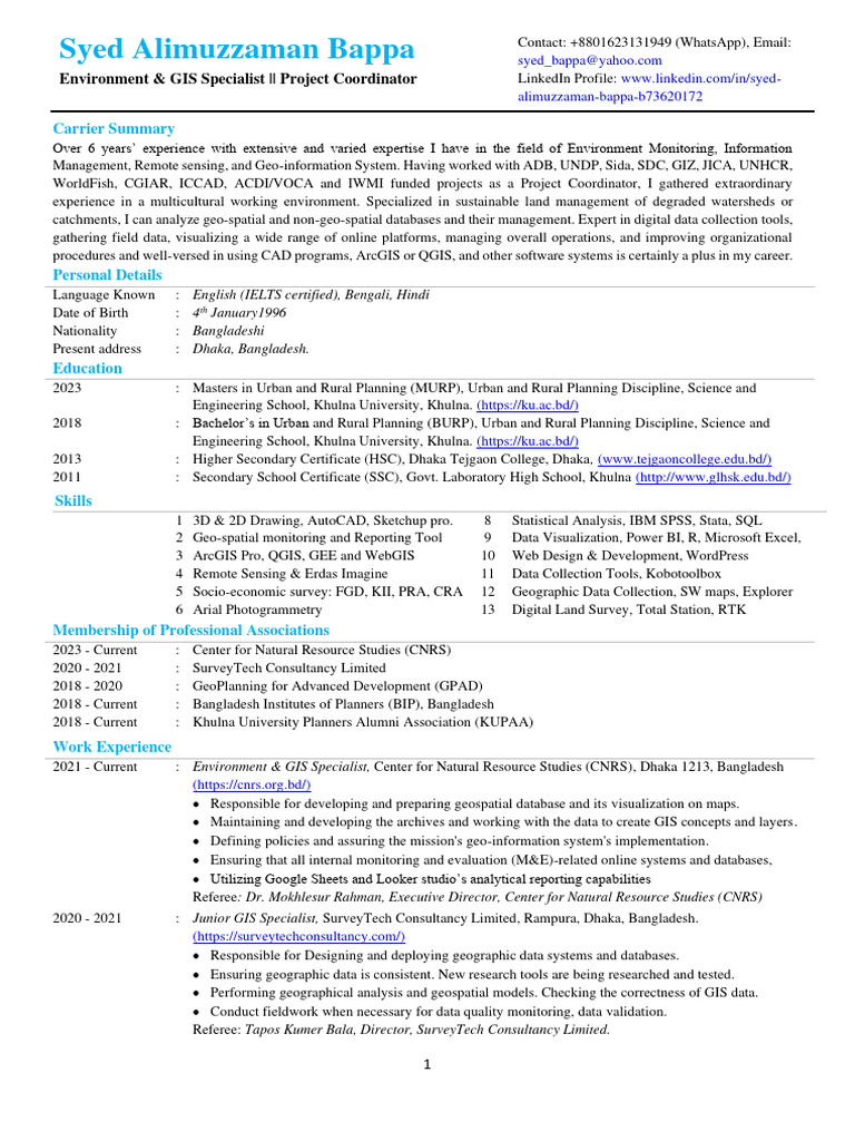 CV - Syed Alimuzzaman Bappa - 250524b | PDF | Geographic Information System | Climate Resilience