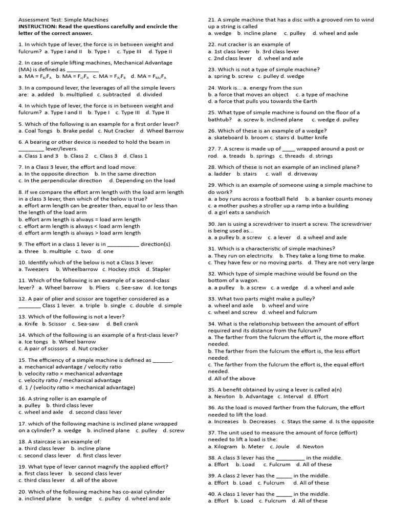 Assessment Test Simple Machines | PDF | Lever | Machines