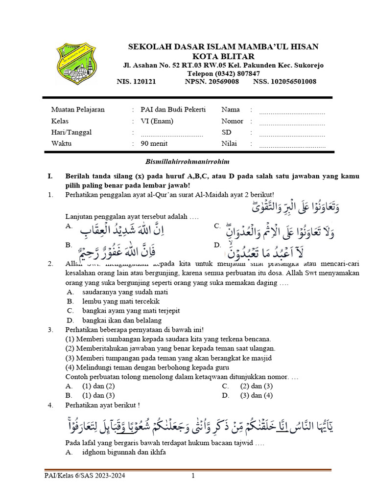 SOAL SAS PAI Kelas 6 2024 | PDF