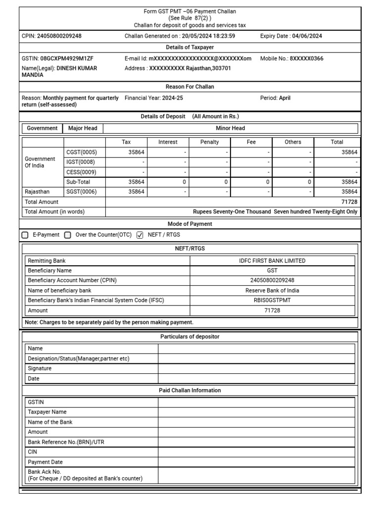 GST PMT-06 Payment Challan Details | PDF | Personal Finance | Payments