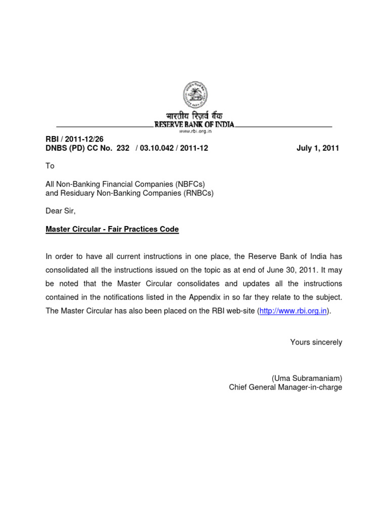 Master Circular on Fair Practices Code for NBFCs | PDF | Interest | Loans
