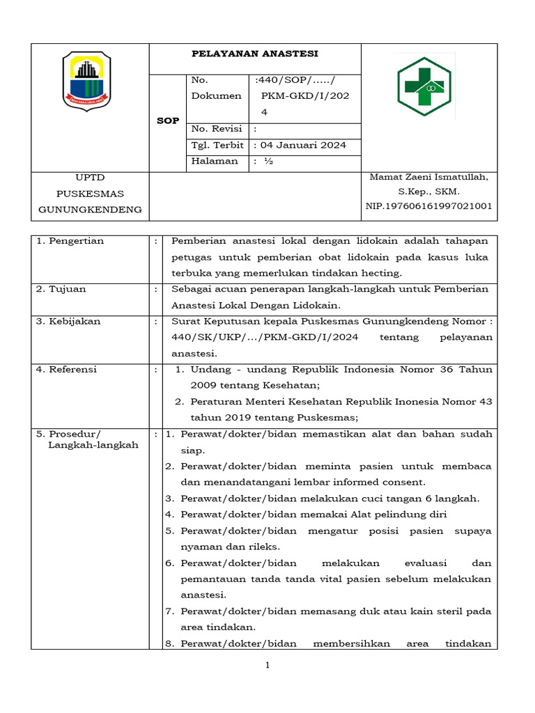 SOP Pelayanan Anastesi Lokal Lidokain | PDF