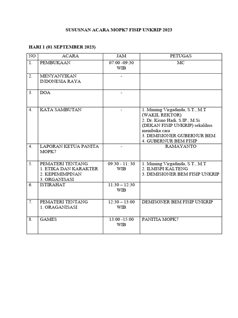 Jadwal MOPK7 FISIP UNKRIP 2023 | PDF
