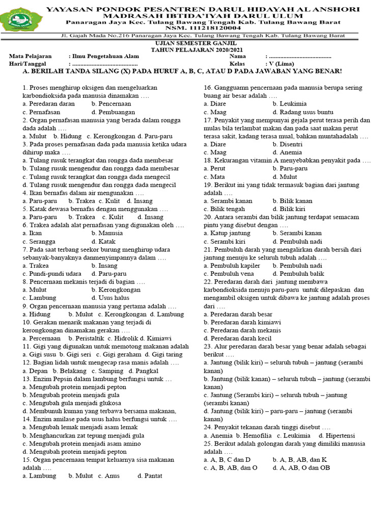 sOAL IPA UAS GASAL KELAS 5 MIS DU | PDF