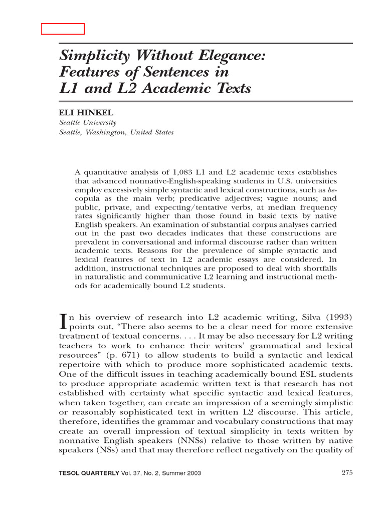 Simplicity Without Elegance: Features of Sentences in L1 and L2 Academic Texts | PDF | Second ...
