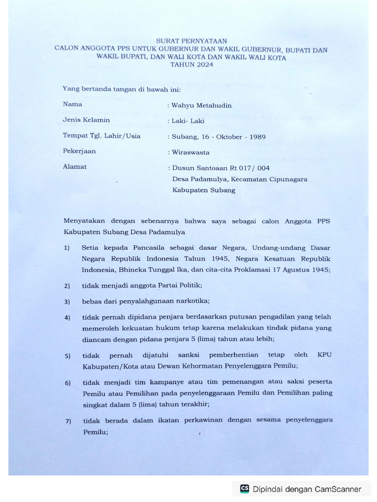 Surat Pernyataan Wahyu Metahudin | PDF