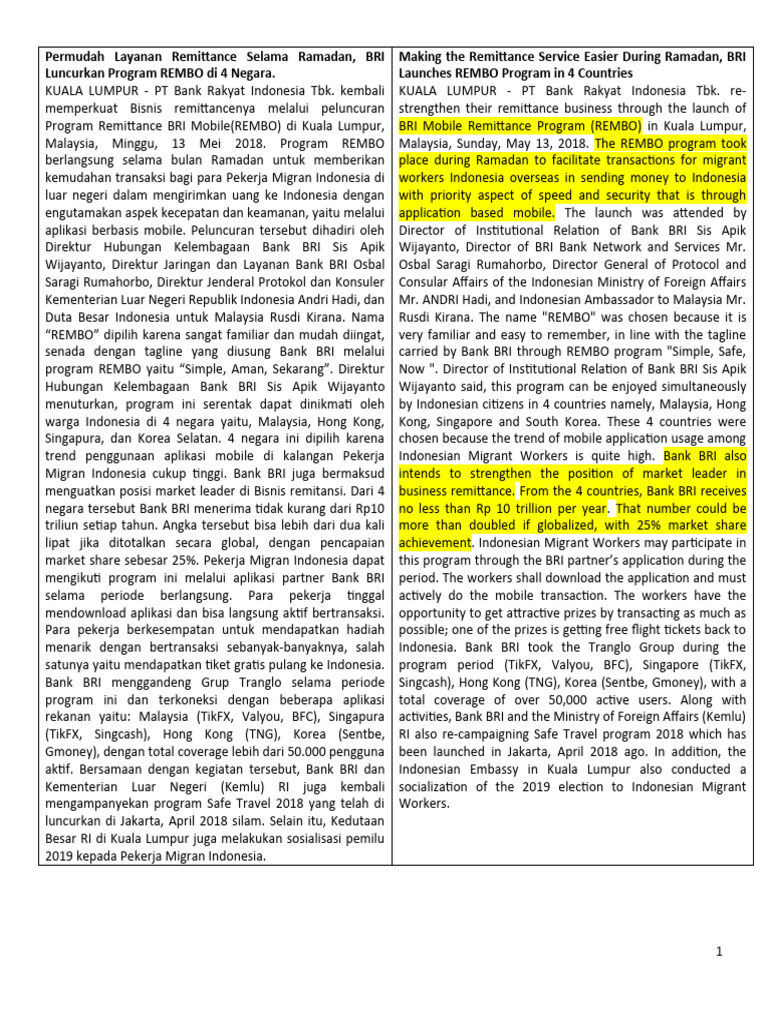 BRI Launches REMBO for Ramadan Remittance | PDF | Migrant Worker ...