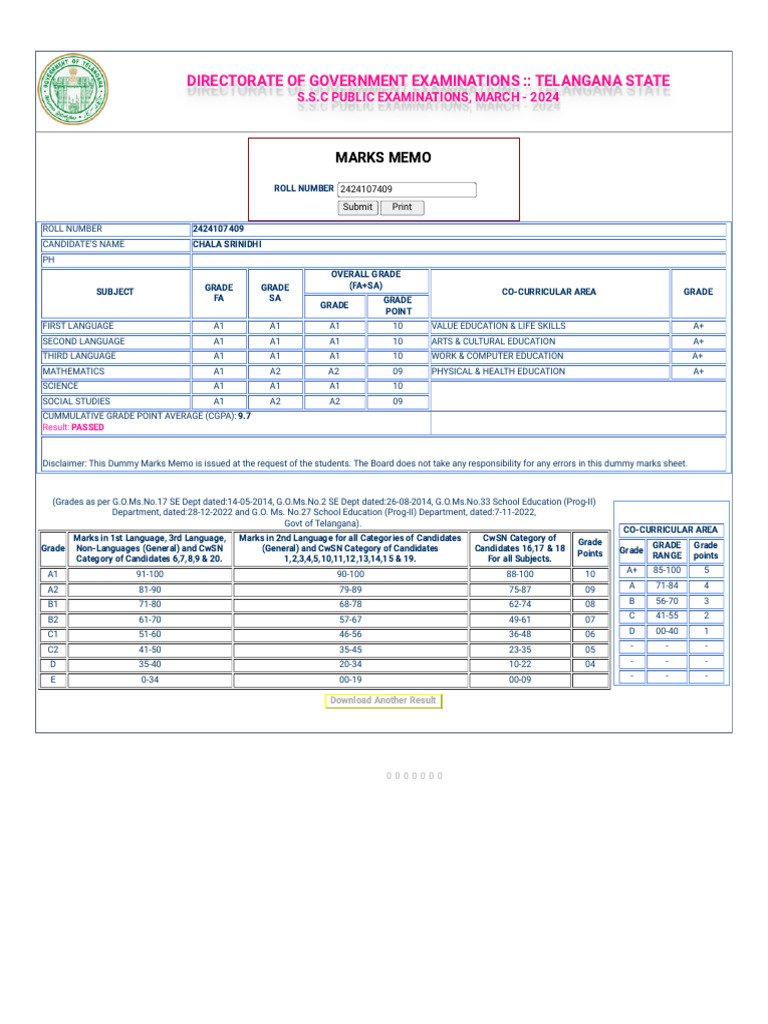 Telangana SSC Marks Memo 2024 | PDF | Student Assessment And Evaluation | Qualifications