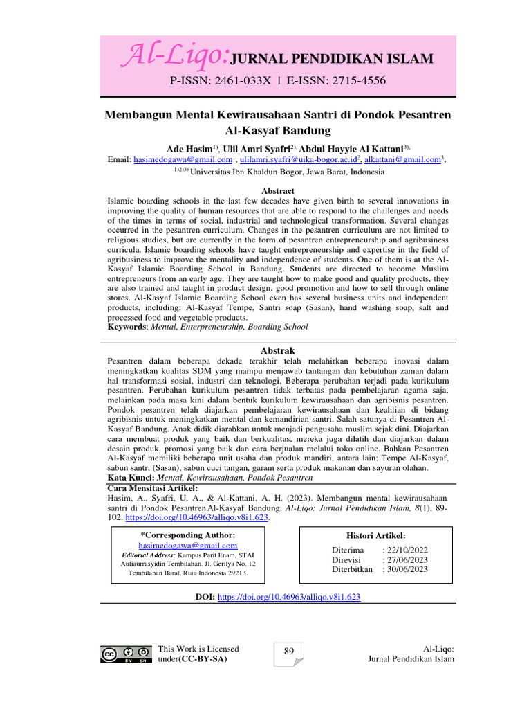 Membangun Mental Kewirausahaan Santri Di Pondok Pesantren Al-Kasyaf Bandung | PDF