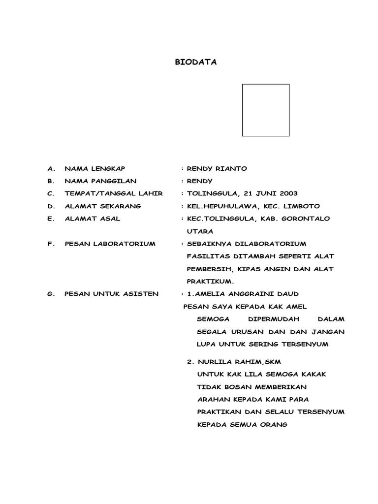 Biodata Gizi Rendy | PDF