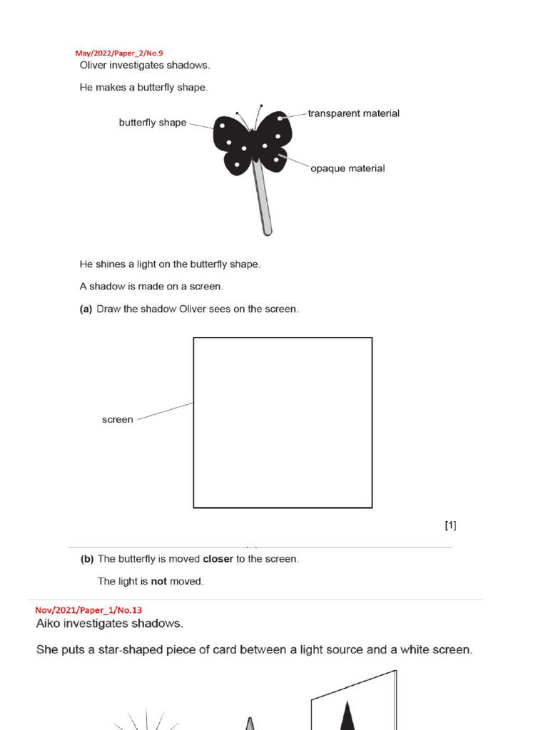 Science Light and Shadow P2 | PDF
