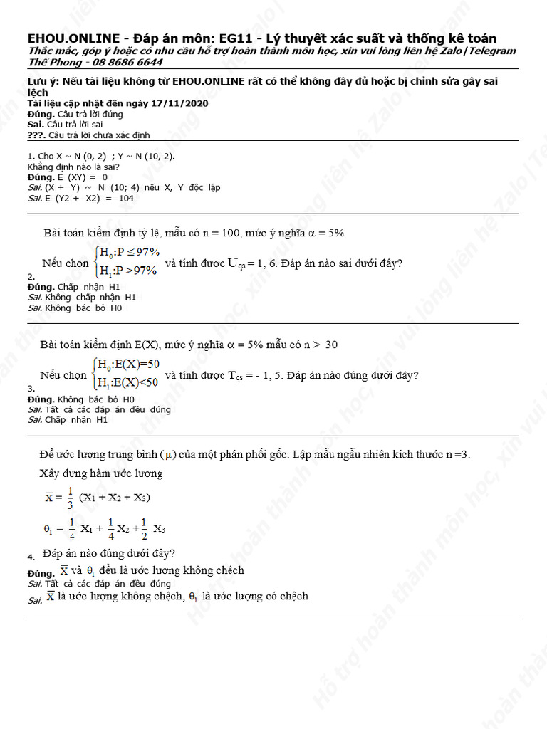 (123doc) Dap An Mon Ly Thuyet Xac Suat Va Thong Ke Toan Eg11 | PDF