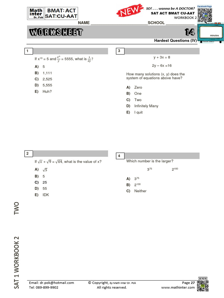 Sat 1 Book 2 2022 Worksheet 14 | PDF | Equations | Mathematics