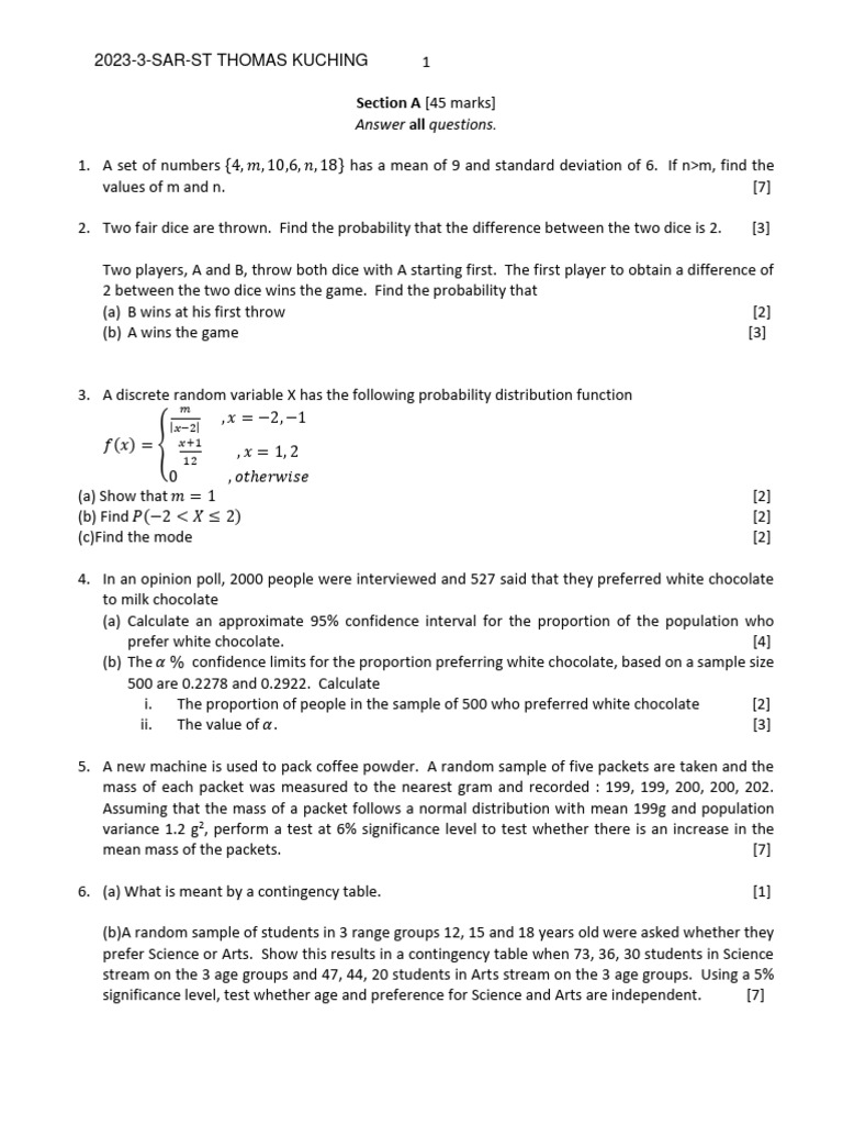 2023-3-SAR-ST THOMAS KUCHING-QA | PDF | Statistical Significance | Probability Distribution