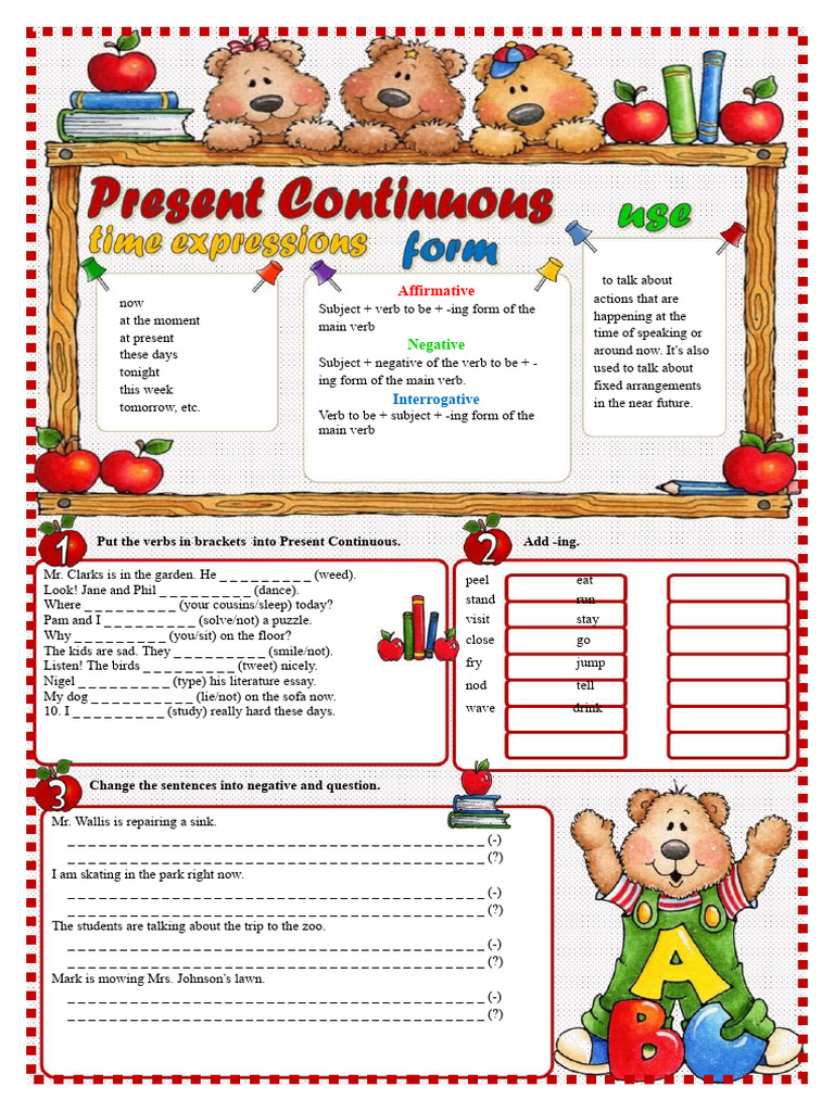 Present Continuous Tense Fun Activities Games Grammar Drills Grammar ...