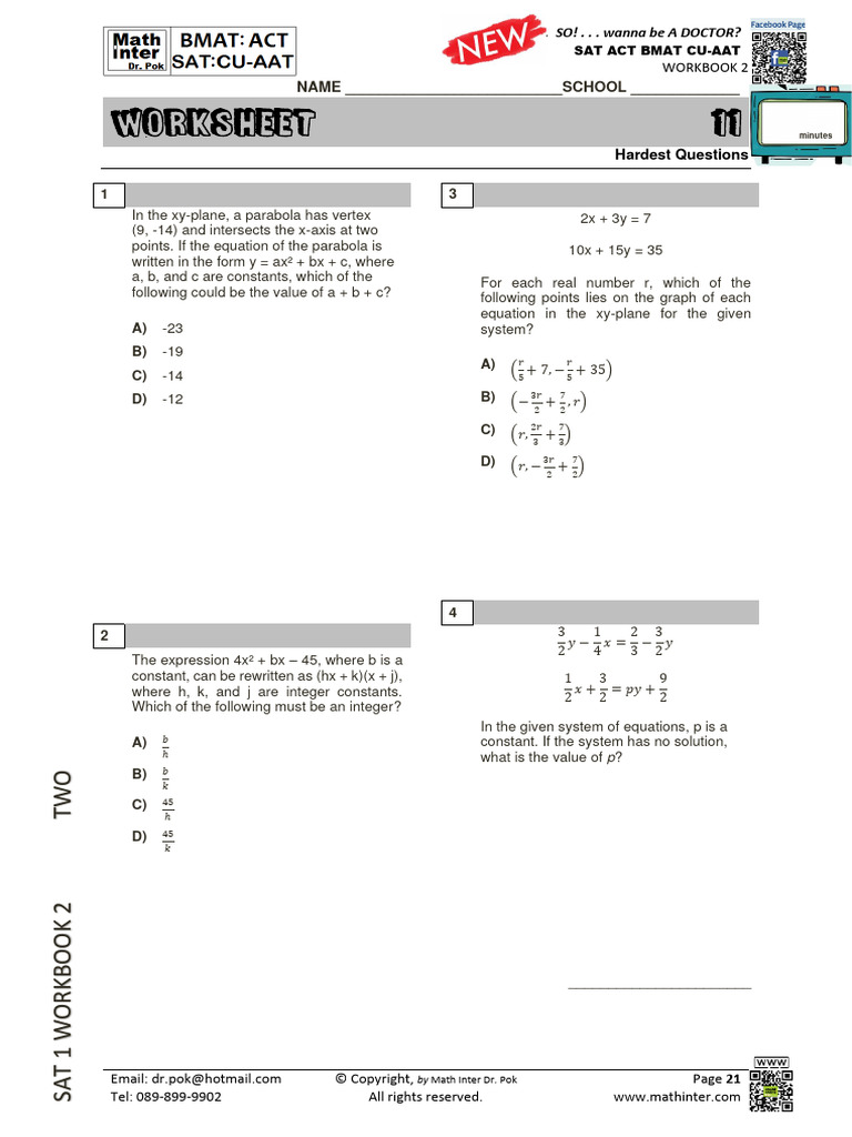 Sat 1 Book 2 2022 Worksheet 11 | PDF | Quadratic Equation | Discrete ...
