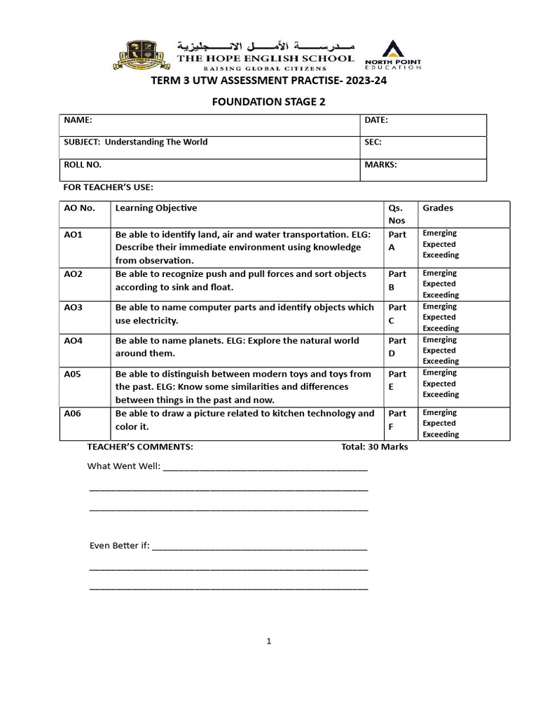Term 3 Utw Assessment Practise-2023-24 Foundation Stage 2 | PDF