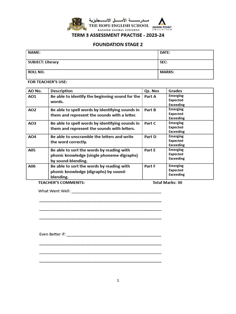 Term 3 Assessment Practise - 2023-24 Foundation Stage 2: Name: Date ...
