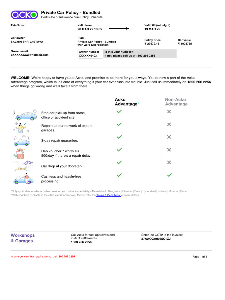 Acko Advantage Car Policy Guide | PDF | Insurance | Deductible