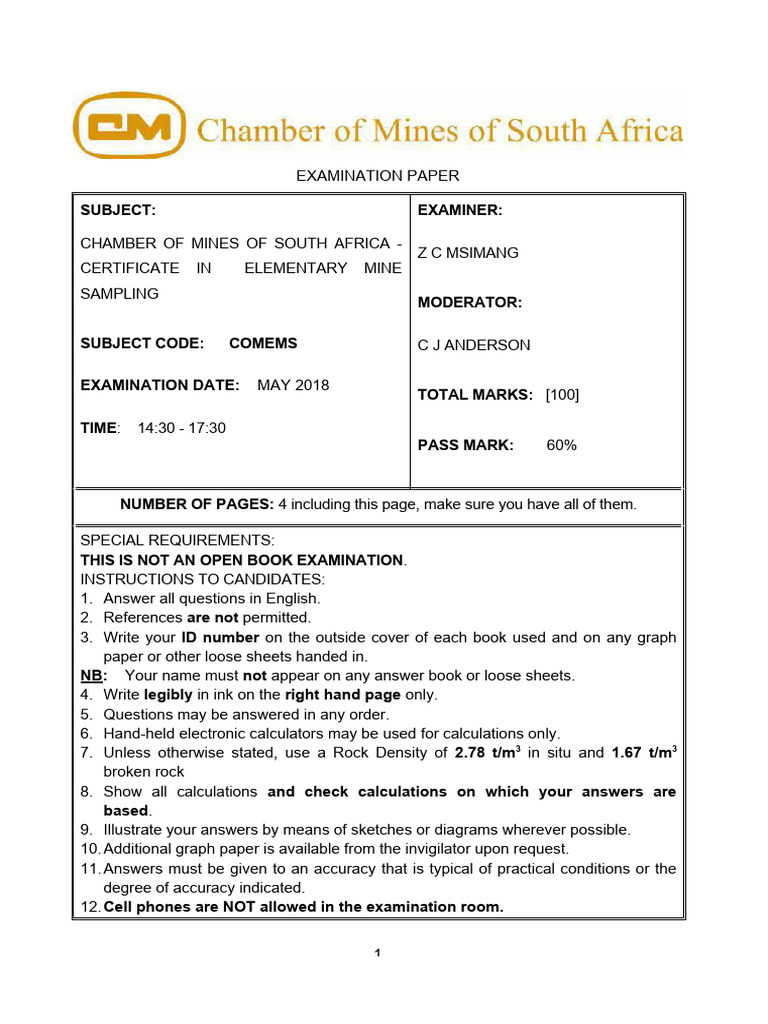 2018 South Africa Mine Sampling Exam | PDF | Tonnage | Density