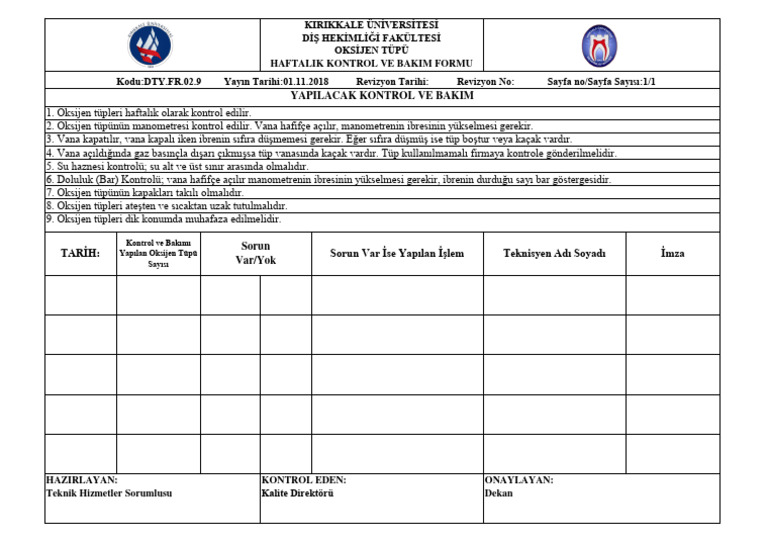 .02.9 Oksi̇jen Tüpü Kontrol Ve Bakim Formu | PDF