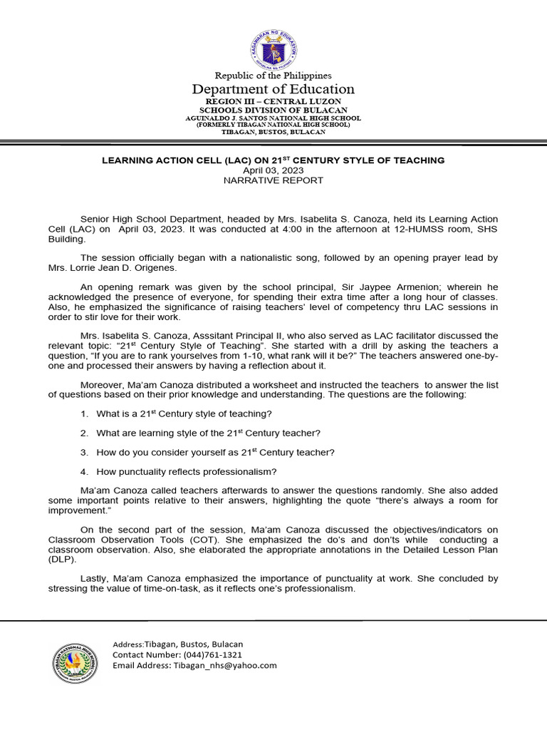 NARRATIVE ON LAC 2 (21st Century Styles of Teaching) | PDF | Human ...