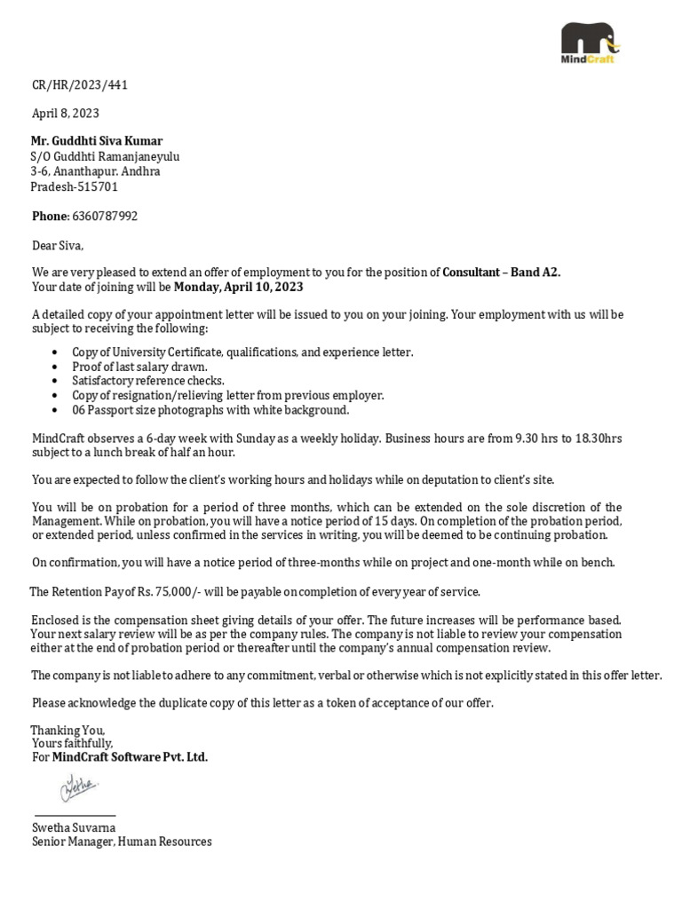 Siva - Offer Letter | PDF | Salary | Employment