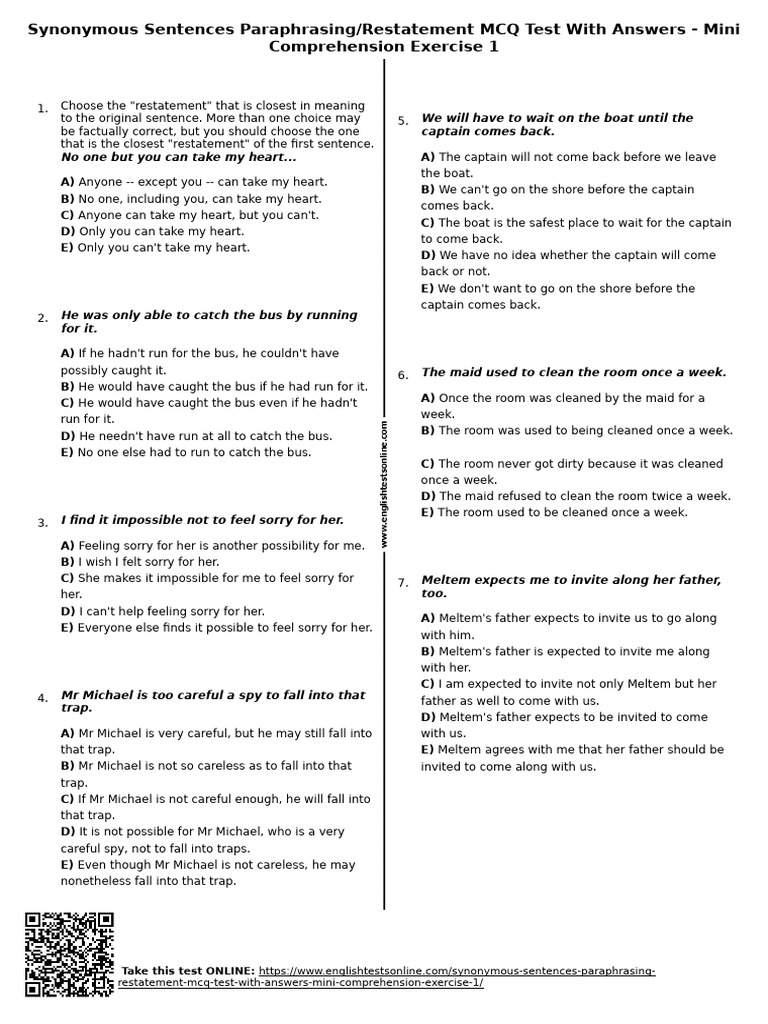 Paraphrasing Test: Multiple Choice | PDF | Multiple Choice