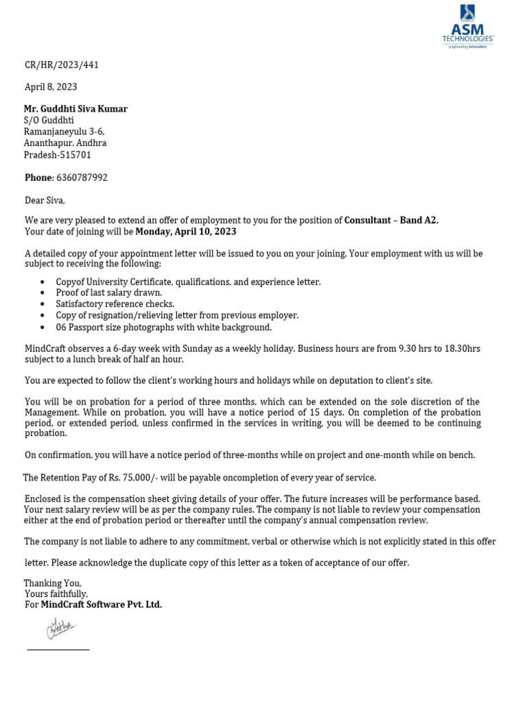 Siva - Offer Letter | PDF | Salary | Employment