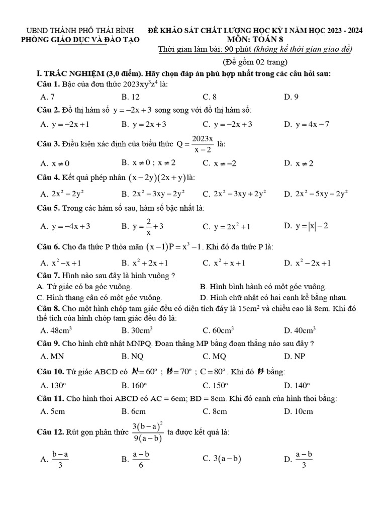 De Hoc Ky 1 Toan 8 Nam 2023 2024 Phong GDDT Thanh Pho Thai Binh | PDF