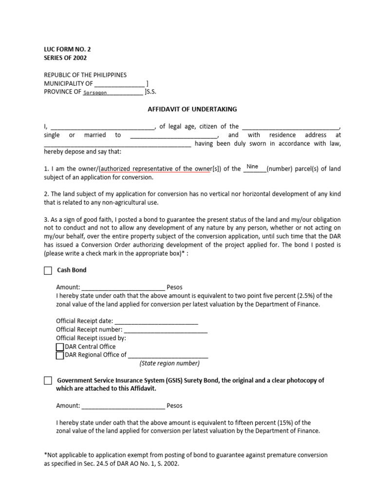 LUC Form No. 2 Affidavit of Undertaking | PDF | Bonds (Finance) | Affidavit