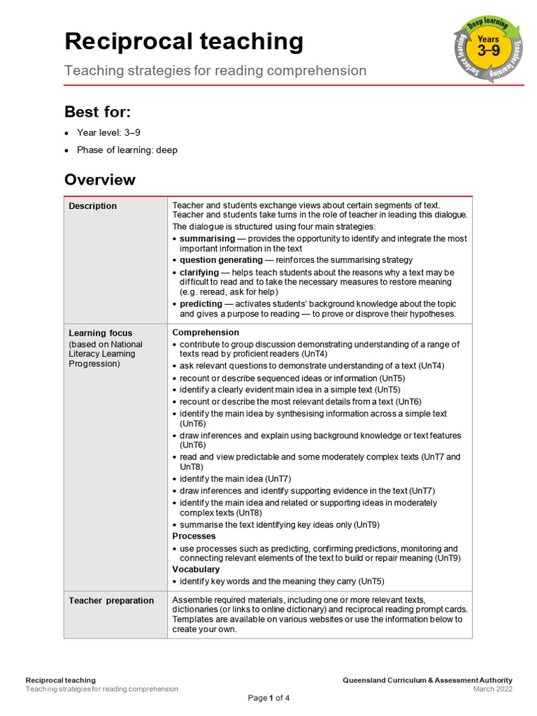 Ac GC Lit Texts Reciprocal Teaching | Download Free PDF | Reading ...