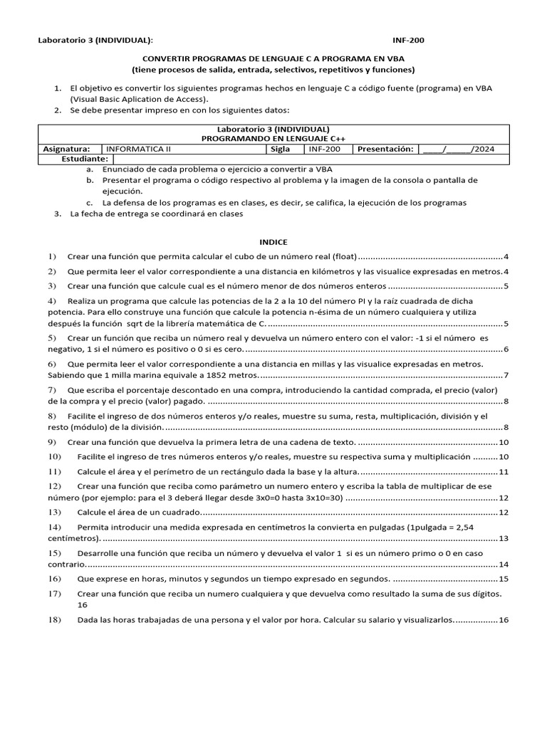 Laboratorio 3 Conversion de Lenguaje C A VBA | PDF | Raíz cuadrada | Lenguaje de programación