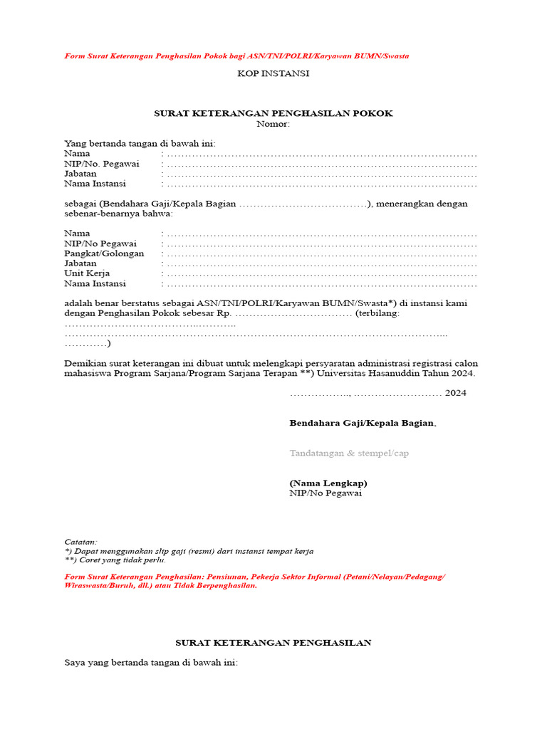 Form Surat Keterangan Penghasilan Pokok Dan Tambahan | PDF | Karier ...