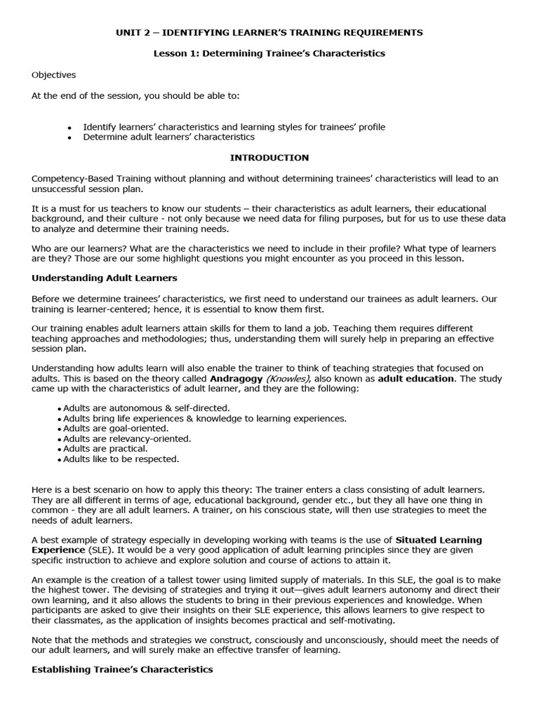 UNIT 2- Identifying learners training requirements | Download Free PDF ...